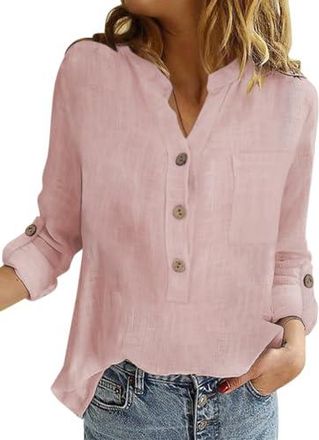 Onsoyours Chemisier Femme Manches Longues Décontracté Chic Vintage Coton et Lin Baggy Tops Casual Oversize Manche Longue Col en V Chemisie Rose XXL