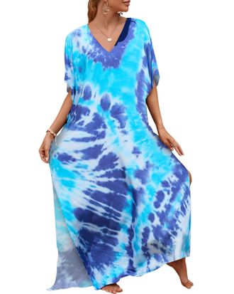 Bsubseach Lose Kaftan Kleider f&uuml;r Frauen Kurzarm Badeanzug Cover Up Casual Urlaub Outfits Bunt Blau Tie Dye