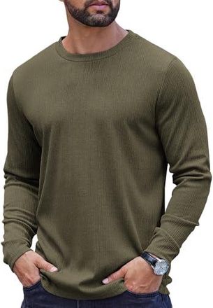 Coofandy T-shirt &agrave; manches longues pour homme - Col rond - Rayures ondul&eacute;es - T-shirt &agrave; manches longues - Pour les loisirs - Uni, Vert arm&eacute;e., L