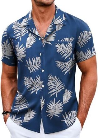 Coofandy Chemise Hawaienne Homme Manches Courtes Casual Chemise été avec Poche Chemise de Plage Regular Fit Feuilles de Palmier Bleu 3XL