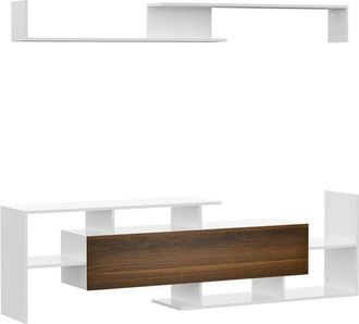HOMCOM Homcom - Ensemble meuble tv avec étagère murale style contemporain aspect bois noyer blanc