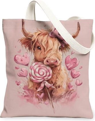 Generic Sacs fourre-tout en toile de vache mignonne, motif coeur animal, sacs d&eacute;picerie r&eacute;utilisables, sacs d&eacute;picerie de Saint-Valentin vintage chic l&eacute;gers la