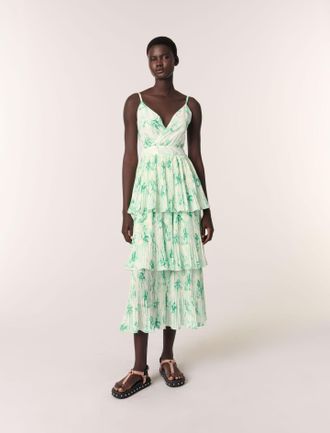 Maje Bedrucktes Langes Kleid Mit Volants - Imprime Floral Vert Fond Ecru - Gr&ouml;&szlig;e 38 - Maje