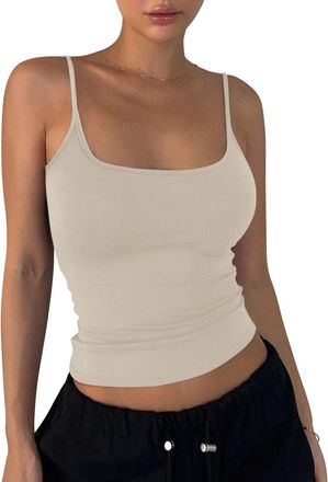 Onsoyours Spaghetti Top Damen Sommer Tank Top &Auml;rmellose Oberteile Sexy Slim Fit Cami Crop Top Einfarbig Basic Shirts A Beige M