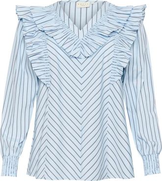 Kaffe Curve Femme, Blouses et Chemises, Bleu, Taille: 48 FR Blouse Céleste Bleu/Rayures Foncées Féminine avec Manches Bouffantes et Volants