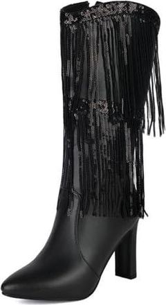 Generic Bottes à talons hauts métalliques western bout pointu mi-mollet fermeture éclair latérale avec pompons paillettes décorées, Noir, 39.5 EU