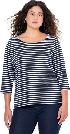 Ulla Popken Damen gro&szlig;e Gr&ouml;&szlig;en &Uuml;bergr&ouml;&szlig;en Plus Size Ringelshirt, Classic Fit, Rundhals, 3/4-Arm Marine 58+ 837114130-58+