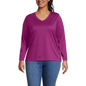 Lands End Supima Langarm-Shirt mit V-Ausschnitt, Damen, Gr&ouml;&szlig;e:48-50 plus, Pink, Baumwolle, by Lands End