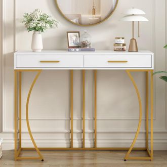 Urban Meuble Table console blanche design et structure couleur dor&eacute;e couloir avec 2 tiroirs 120x38x76cm ANNAN