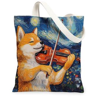 Generic Shiba Inu Sac fourre-tout en toile r&eacute;utilisable pour faire du shopping Motif violon &eacute;toil&eacute; nocturne 33 x 38 cm