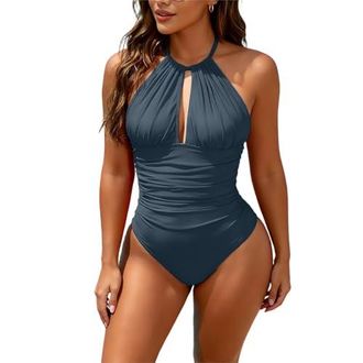 Generic Maillot de bain une pi&egrave;ce gainant pour femme - Style vintage - Dos nu - Grande taille - Rembourr&eacute; - Push Up, Bleu fonc&eacute; 1, XL
