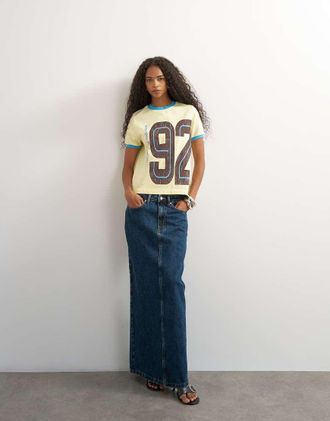 Topshop jupe longue droite taille basse bleu d&eacute;lav&eacute;