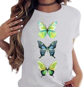 Keephen Papillon avec Fleurs T-Shirt Femmes Esth&eacute;tique Papillon Impression 3D T-Shirt Manches Courtes Col Rond Streetwear Dames &Eacute;t&eacute; Mignon Tops