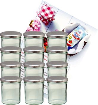 MamboCat 12er Set Sturzglas 350 ml Marmeladenglas Einmachglas Einweckglas to 82 silberner Deckel incl. Diamant-Zucker Gelierzauber Rezeptheft