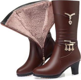 Generic Bottes mi-mollet &agrave; talon &eacute;pais pour femme, fermeture &eacute;clair lat&eacute;rale, strass &eacute;tincelants, doublure en fourrure, bottes de neige &eacute;paisses, marron, 35.5