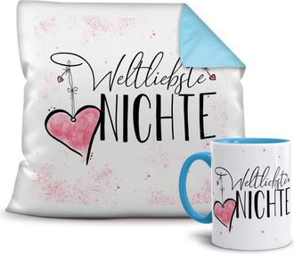 Tassendruck Geschenkset für die Weltbeste Nichte - Tasse und Kissen - Himmelblau/Verwandte/Geschenk-Idee/Liebling/Familie