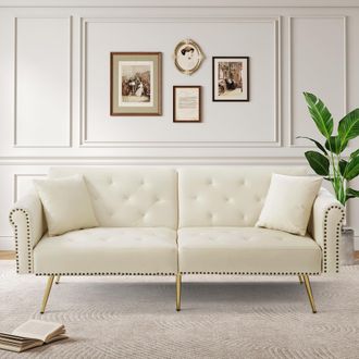 Generic Schlafsofa 2 Sitzer Samt Goldene Beine Couch mit Schlaffunktion 3-Stufen R&uuml;ckenlehne Inkl 2 Kissen Saugroboter geeignet G&auml;stebett Kleine R&auml;ume Sofa Be
