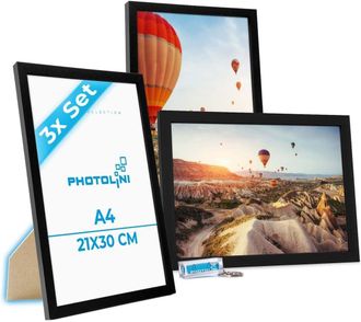 Photolini Bilderrahmen A4 Schwarz Holz MDF, 3er Set DIN A4 Bilderrahmen schwarz 21x30 cm, bruchsicheres Acrylglas, picture frame zum Aufhängen & Aufstellen, Rah