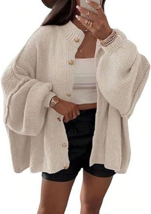 Generic Cardigan &agrave; manches longues pour femme - Manteau en tricot ample ouvert sur le devant - Veste tricot&eacute;e &agrave; boutons - Cardigan &eacute;pais pour femme, beige, S