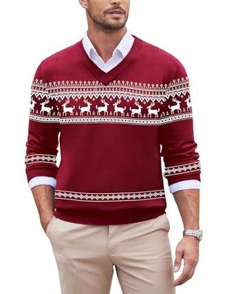 Coofandy Pull de No&euml;l Homme Col V Pull Tricot Classique Pullover Hiver Pulls en Maille Casual Regular Fit Sweater &agrave; Manches Longues Renne de No&euml;l - Rouge M