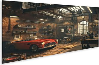 Islandburner Bild auf Leinwand Klassisches Auto in altem Werkstatt Loft für Wohnzimmer Auto-Enthusiasten Autowerkstatt Bilder Wandbilder Poster