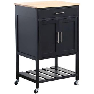 Sweeek Sweeek - Desserte de cuisine noire bendor plateau en bois dh&eacute;v&eacute;a, 56 x 46 x 90 cm, 4 roues, 1 tiroir, 2 &eacute;tag&egrave;re, 1 double porte, style contemporain