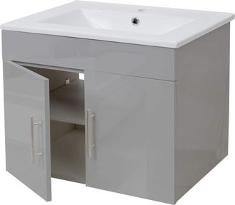 Mendler Waschbecken + Unterschrank HWC-D16, Waschbecken Waschtisch, FSC-Zertifiziert, Hochglanz 60cm - grau