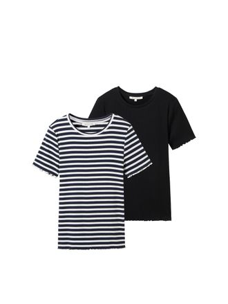 Tom Tailor Tom Tailor Denim Damen Basic T-Shirt im Doppelpack,36998 - Dark Blue White Stripe, S