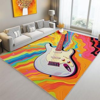 Generic Multicolore Lavable en Machine Tapis Salon Style Graffiti Guitare n&eacute;on, 120 x 180 cm Doux Tapis de Sol Pelucheux Dessous Antid&eacute;rapant, Entree Interieu