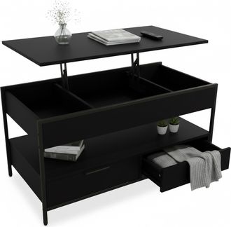 Relaxdays Couchtisch, aufklappbar, 2 Schubladen, 4 F&auml;cher, HBT: 48-63 x 100 x 50 cm, Industrial Sofatisch, schwarz