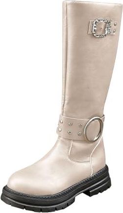 Generic Bottes montantes au genou pour femme - Large mollet - Bout rond - &Eacute;l&eacute;gantes - Couleur unie - Talon bas et &eacute;pais - Boucle - Fermeture &eacute;clair lat&eacute;rale -