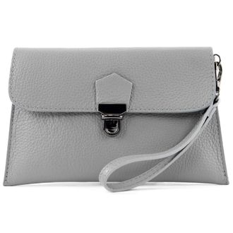 modamoda.de T190 Damen Leder Clutch Handgelenktasche Schultertasche mit Kette handmade in Italy, Farbe:Telegrau