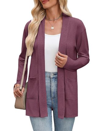 Zeagoo Cardigan Damen Herbst Elegant Strickjacke Lang Jacke Langarm Dünne Strickjacken Herbst Vorne Offen mit Taschen Casual Herbst Tops Einfarbig Oberteile 