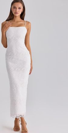 House of CB Serenella - Robe mi-longue en dentelle et broderie anglaise - Blanc
