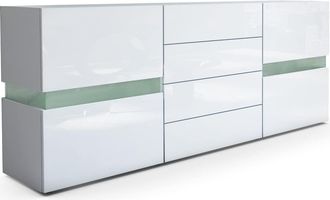 Vladon Sideboard Flow, Made in Germany, Weiß matt/Weiß Hochglanz - Moderne Kommode mit Ambient Light Verglasung für Ihr Wohnbereich (177 x 75 x 39 cm)