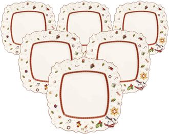 Villeroy & Boch Toys Delight Eckiger Speiseteller 6er Set, 28 x 28 cm, Weihnachtsgeschirr, Essteller mit Weihnachts-Dekor, Premium Porzellan, Weiß