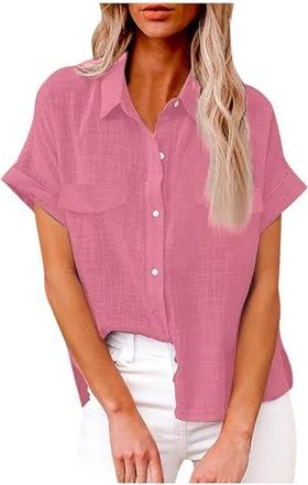 Generic Chemise en lin pour femme boutonn&eacute;e d&eacute;contract&eacute;e col en V manches courtes chemises amples surdimensionn&eacute;es en coton m&eacute;lang&eacute; haut tendance chemisier, R