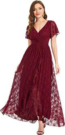 Ever-pretty Robe Demoiselle dhonneur Femme Longue Asymétrique Dentelle Manches Courtes Col V Fluide Chic Bordeaux 40