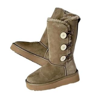 Generic JJDFW Chaussures pour femme mi-mollet Bottes de neige chaudes pour femme Boutons Bout rond Plat avec plateforme Chaussures dext&eacute;rieur pour femme, marr