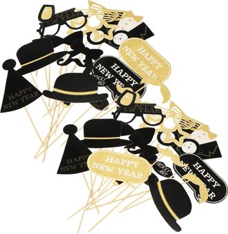 Com-Four 40-teiliges Silvester Requisitenset - Fotokabinen Requisiten aus Karton - Accessoire f&uuml;r Silvester - Masken in schwarz und goldfarben