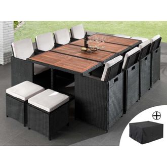 Best Mobilier Cuba - garten essgruppe f&uuml;r 12 personen - aus geflochtenem polyrattan - schwarz mit beigen kissen + schutzh&uuml;lle - beige / schwarz