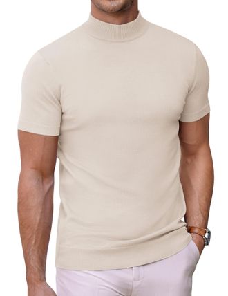 Coofandy Herren T-Shirt mit Stehkragen Strick Männer Rollkragenshirt Pullover Herren Kurzarm Halb Kragen Unterhemd Slim Fit Basic Tops Mondgrau XL