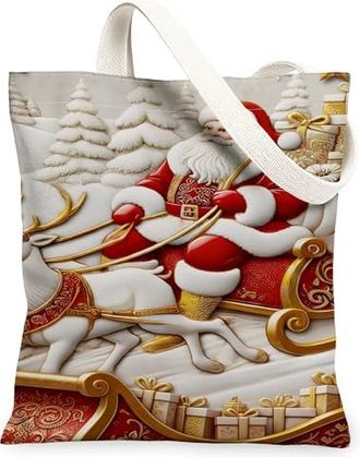 Generic Sac fourre-tout en toile avec motif de renne festif - Sacs r&eacute;utilisables - &Eacute;l&eacute;gants - L&eacute;gers et lavables - Pour lhiver, Rouge, 13x15 Inch