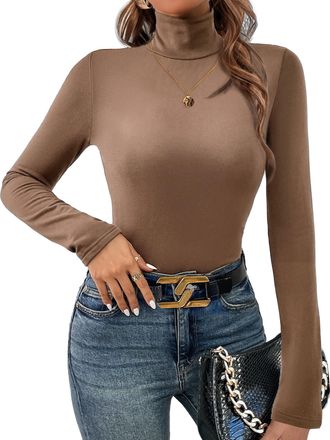 Ekouaer Thermo Oberteil Damen Langarmshirt Rollkragenpullover Shirt Langarm Unterw&auml;sche Warm Unterhemd Leicht Skiunterw&auml;sche Wandershirt, Braun, L