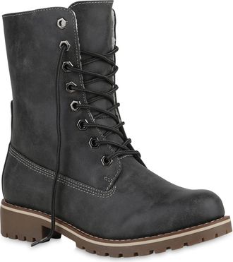 Stiefelparadies Warm Gef&uuml;tterte Damen Stiefeletten Worker Boots Kunstfell Schuhe 125215 Grau Glatt 40 Flandell