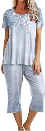 Generic Pyjama Femme Ete Coton Sexy Ensemble Pyjama 2 Pièces pour Femme Vêtement De Nuit T-Shirt Top Manche Courte + Pantalon 3/4 Léger Et Respirant Coupe Amp