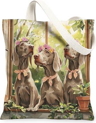 Generic Sac fourre-tout en toile motif chien Braque de Weimar printaner 33 x 38,1 cm, sac r&eacute;utilisable &agrave; motif imprim&eacute; de plantes en pot pour femme, sac d&eacute;pic