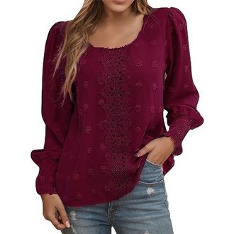 Generic Chemisier d&eacute;contract&eacute; et &eacute;l&eacute;gant &agrave; col rond et manches en dentelle pour femme, Rouge, M