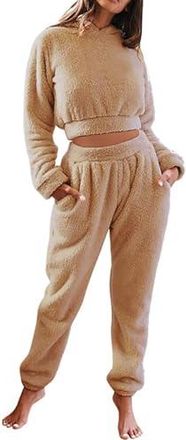 Generic Ensemble de vêtements de détente pour femme en polaire - Ensemble de pyjama en coton à manches longues - Pyjama assorti à capuche - Pull court deux pi