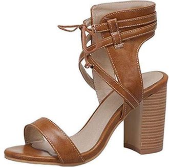 SJJH Sandales à talon bloc pour femme, marron, 38 EU